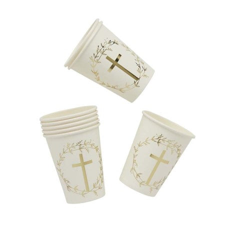 White Cups with Gold Cross I Stylish Christening Tableware UK