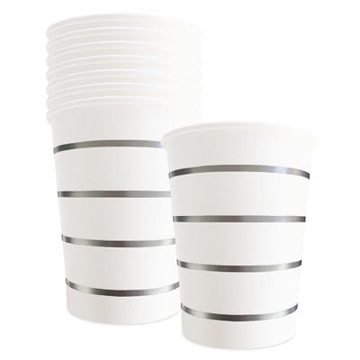 White Party Cups with Silver Stripes I Modern Silver Tableware I UK ...